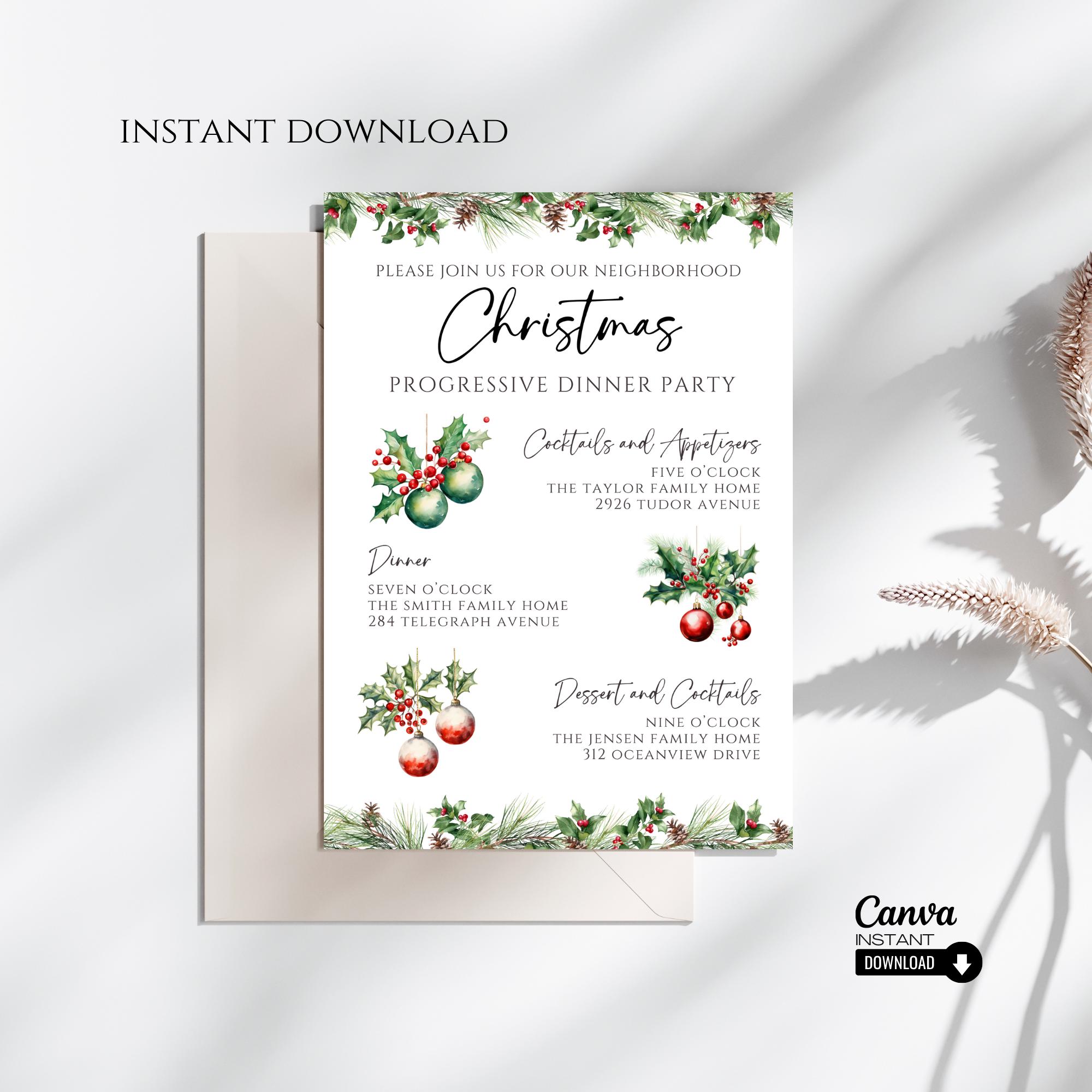 Christmas Progressive Dinner Party Invitation: Editable Holiday Potluck ...