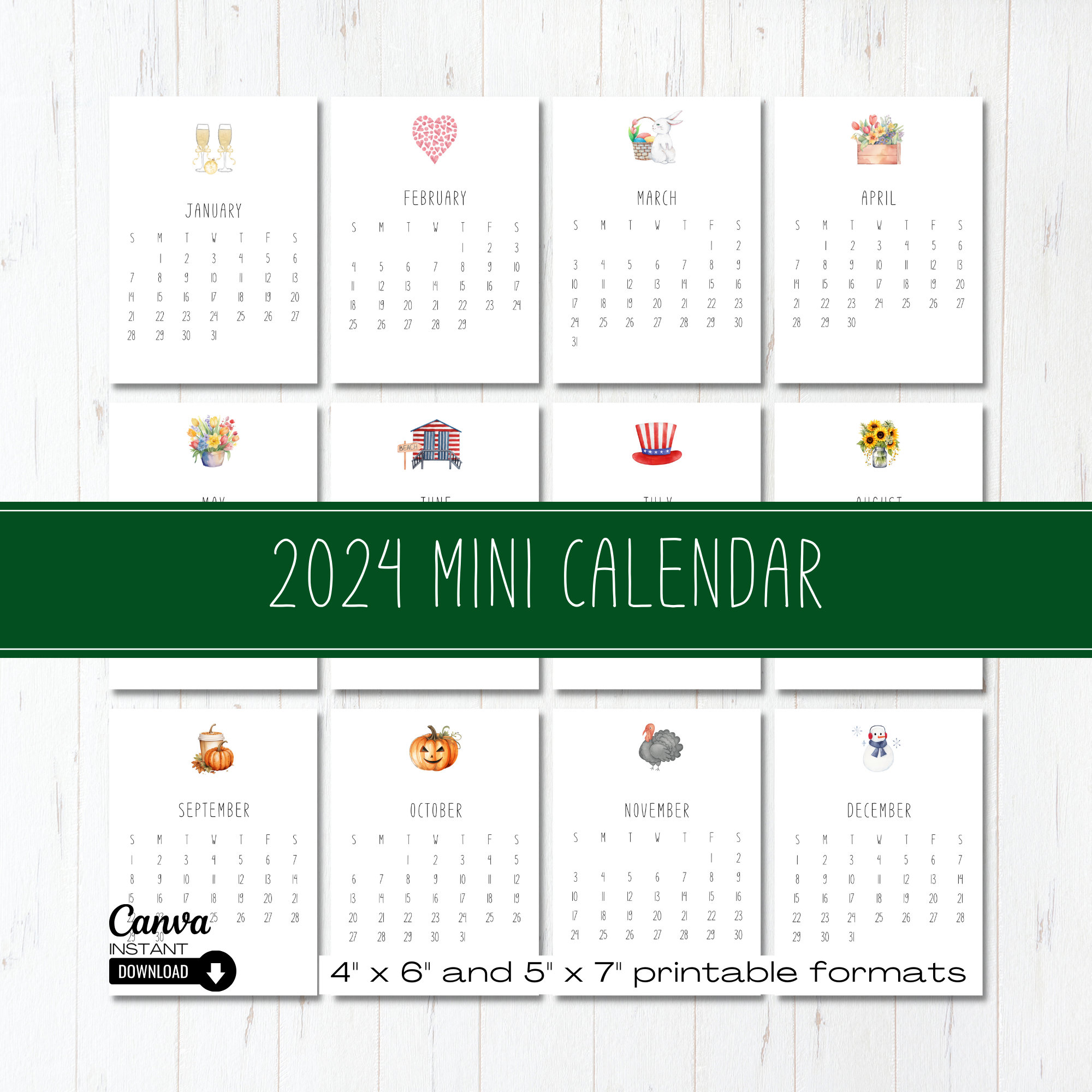 2024 Mini Desk Calendar, Printable Desk Calendar, Monthly Calendar ...