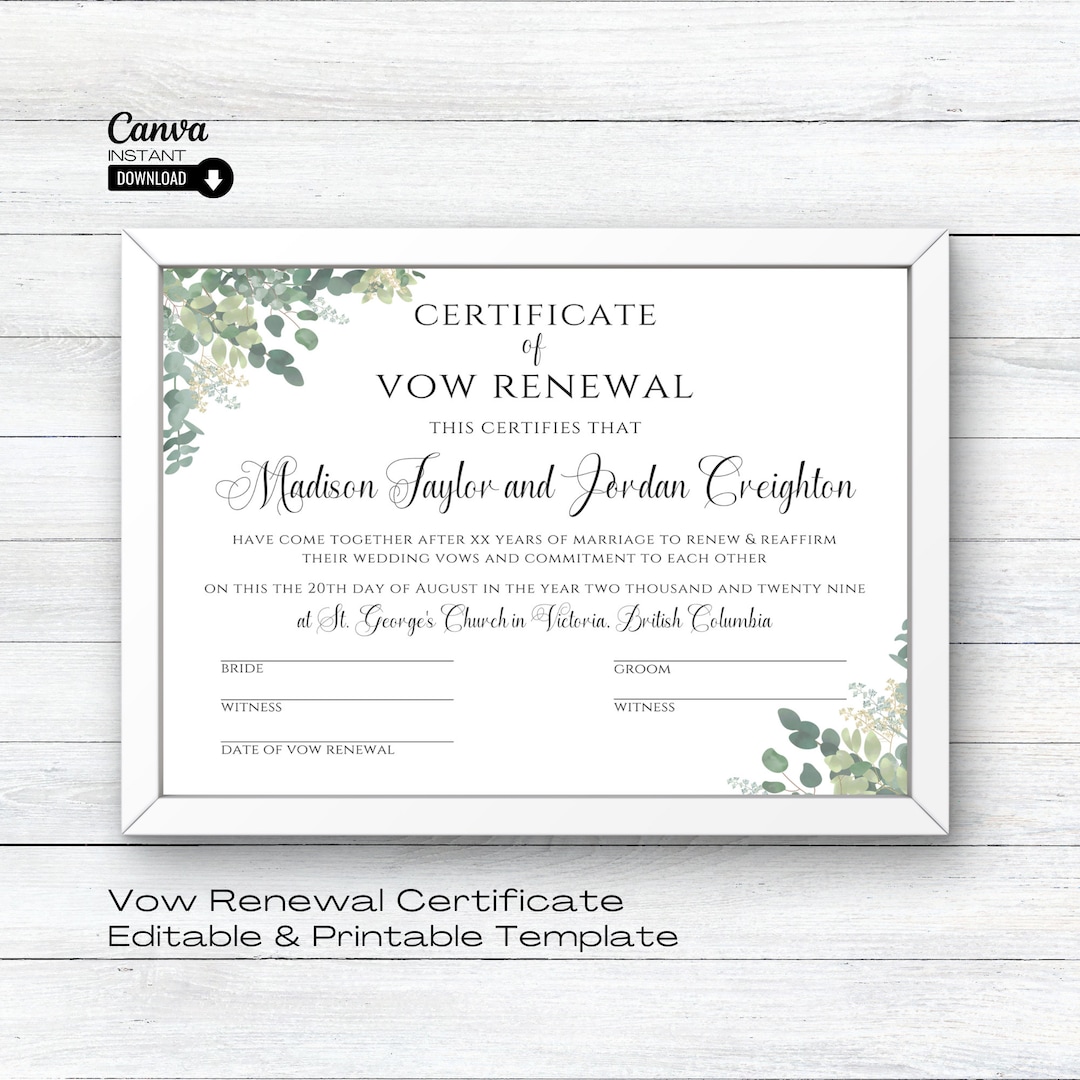 Editable Vow Renewal Certificate: Eucalyptus Wedding Keepsake (canva ...