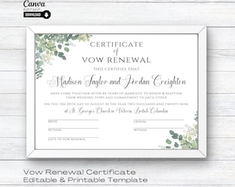 Printable Vow Renewal Certificate, Editable Wedding Certificate ...