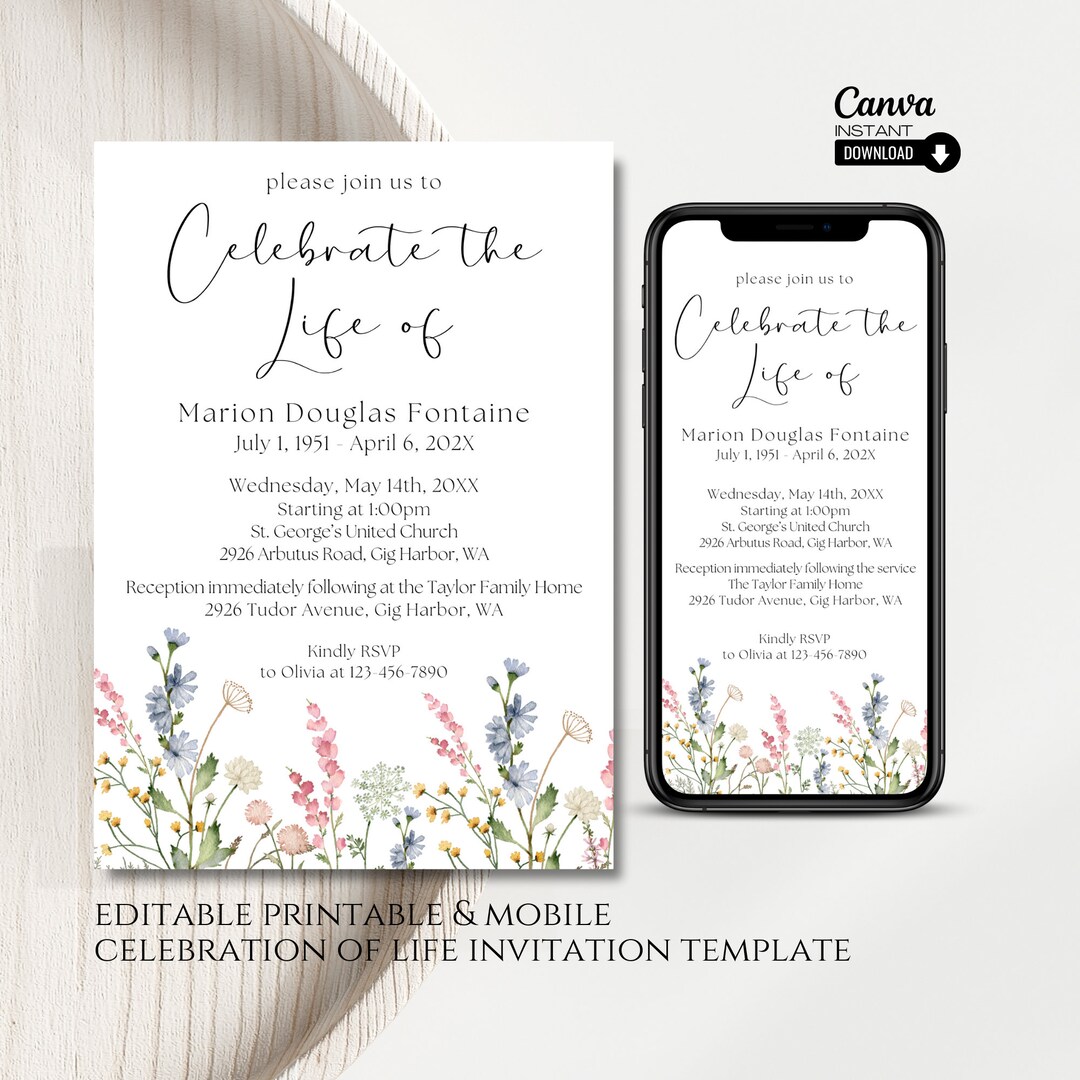 Celebration of Life Invitation, Funeral Announcement, Editable Memorial ...