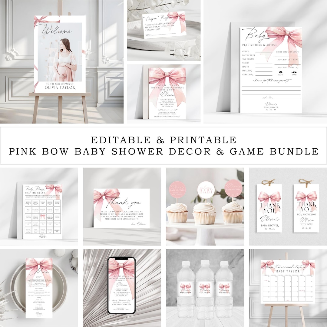 Editable Pink Bow Baby Shower Bundle, Printable Pink Bow Invitation and ...