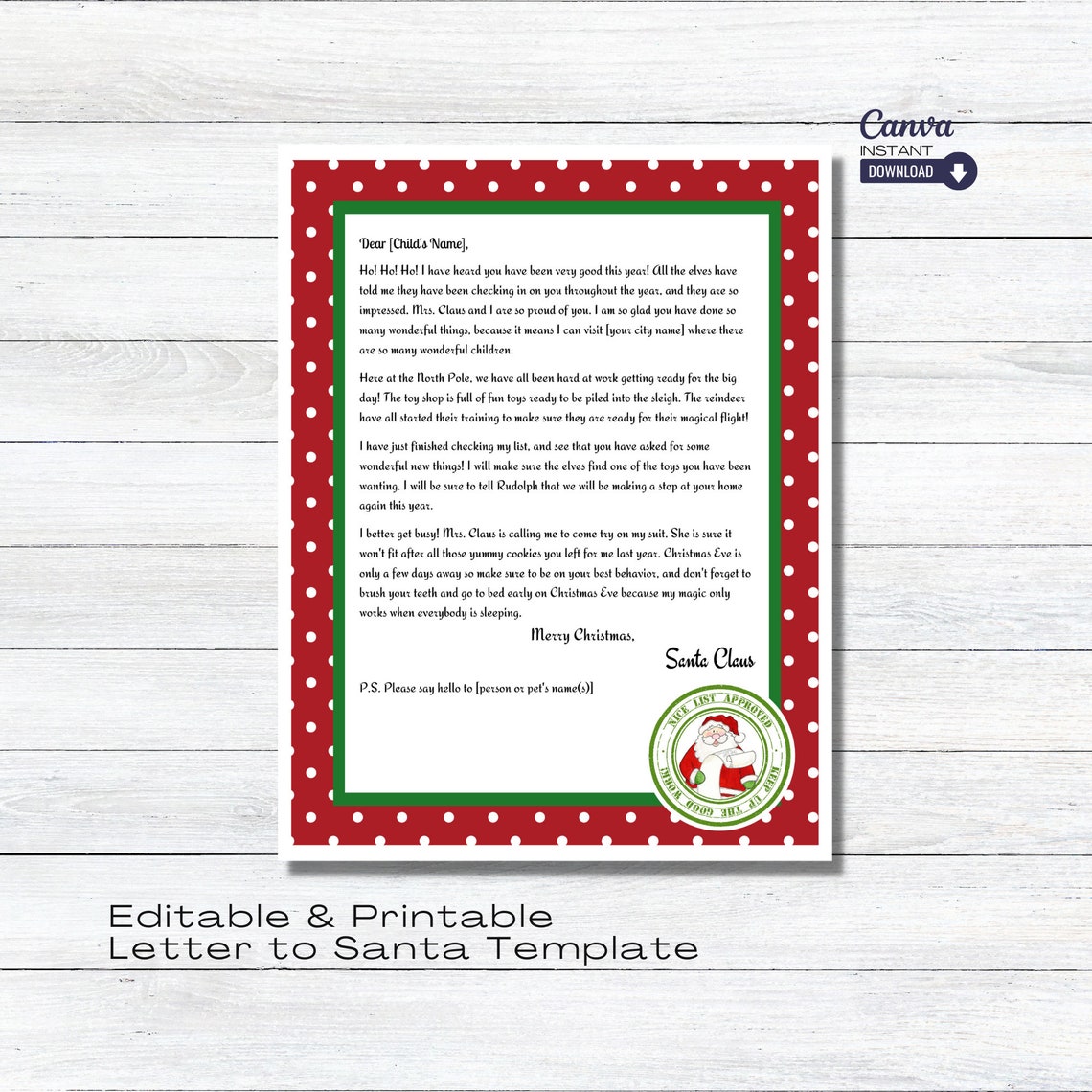 Editable Santa Letter Template Letter From Santa Template - Etsy