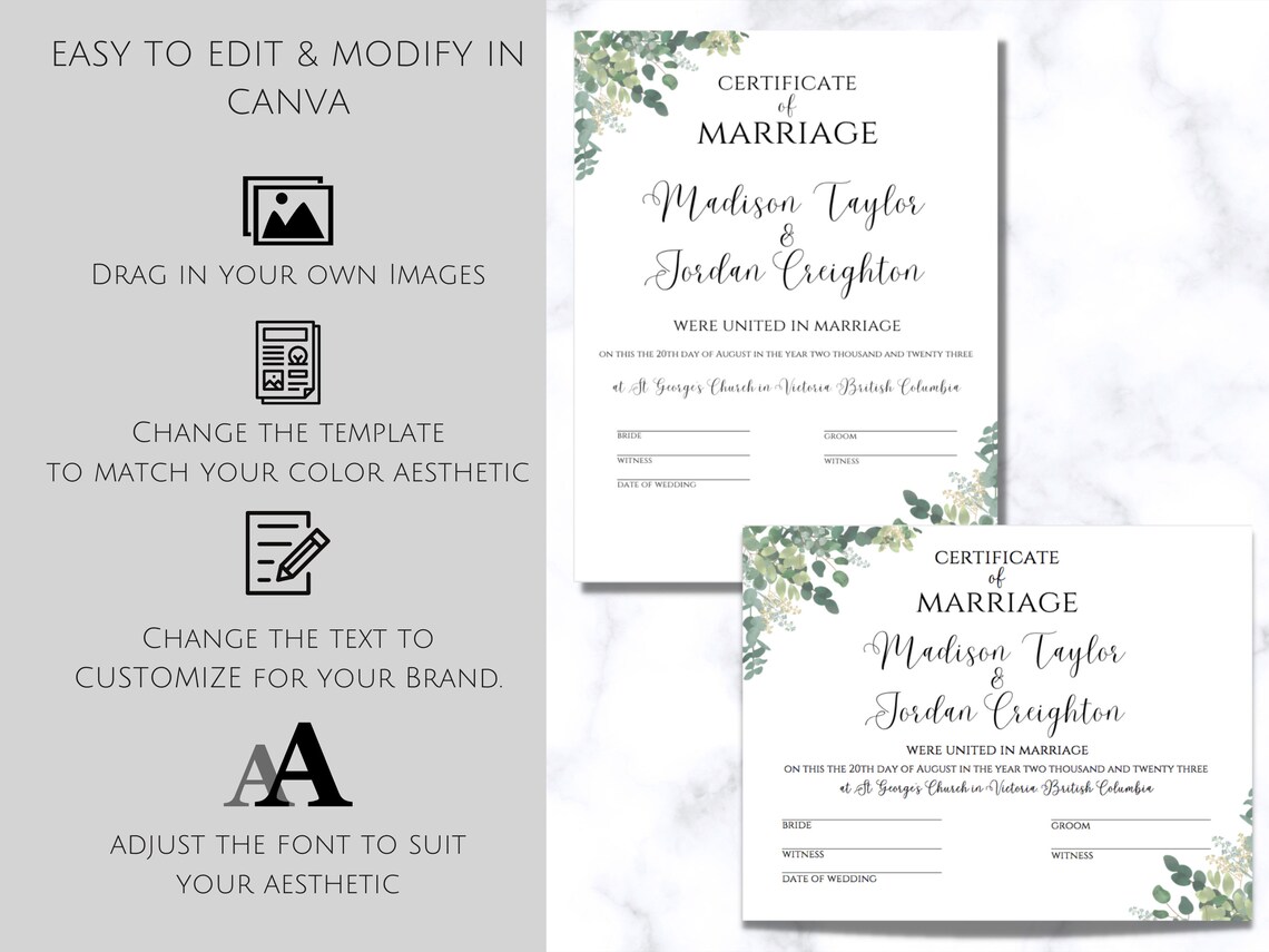 Editable Wedding Certificate Template Marriage Certificate - Etsy