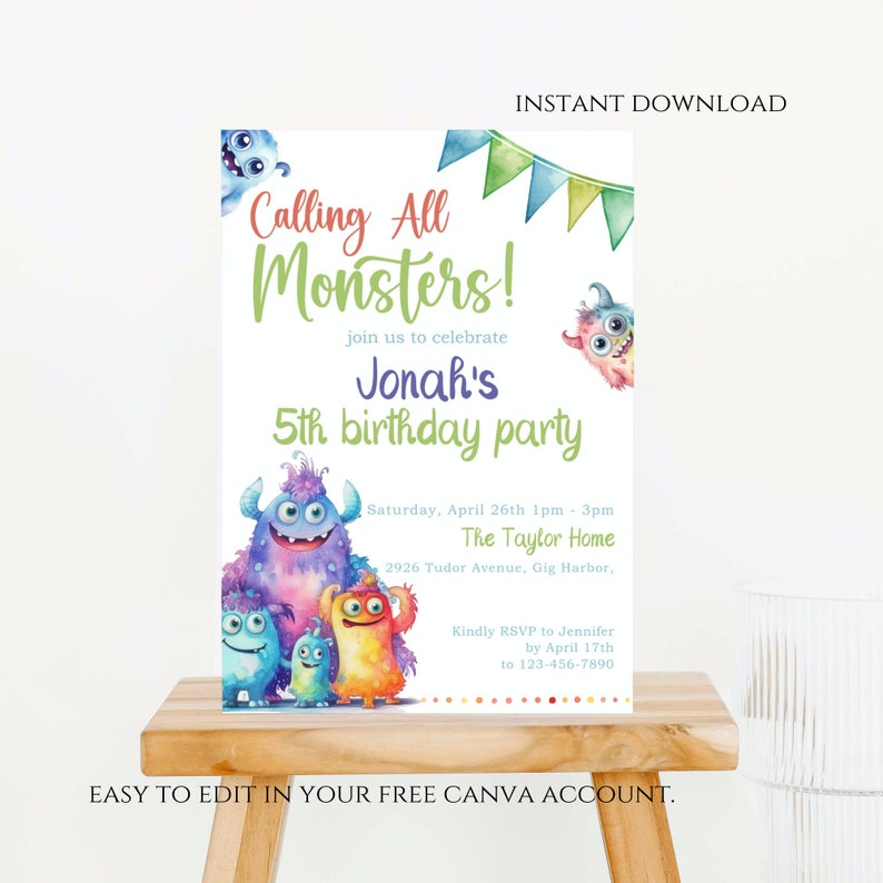 Editable Monster Birthday Party Invitation Template Printable - Etsy