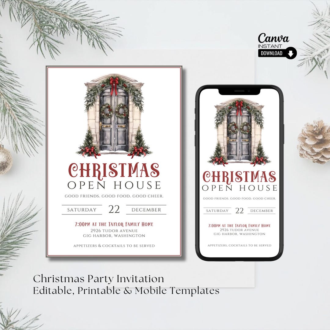 Editable Christmas Open House Invitation: Watercolor Holiday Party ...