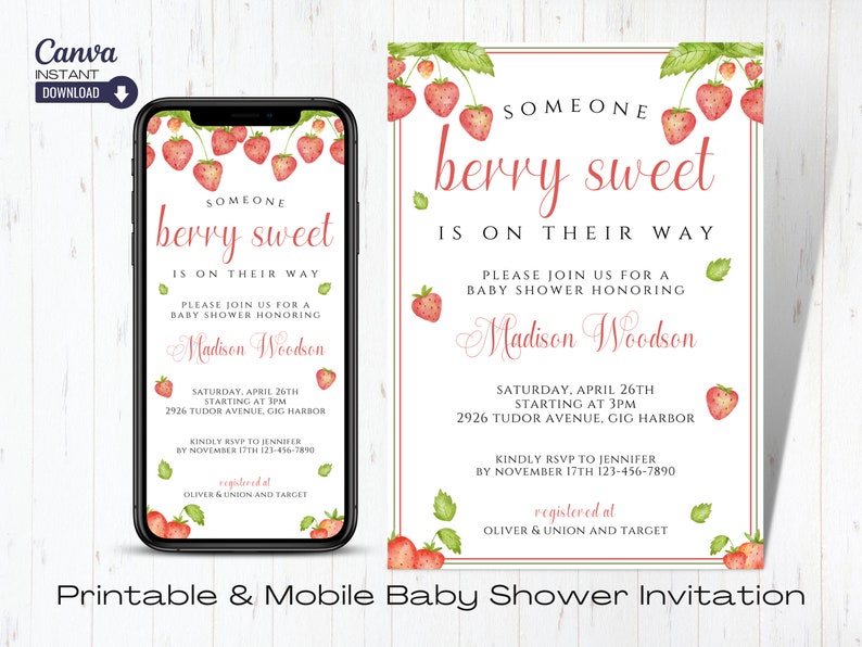 Editable Strawberry Baby Shower Invitation Printable Berry - Etsy