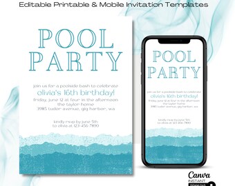 Swimming and Sunbathing Pool Birthday Party Invitation Editable ...