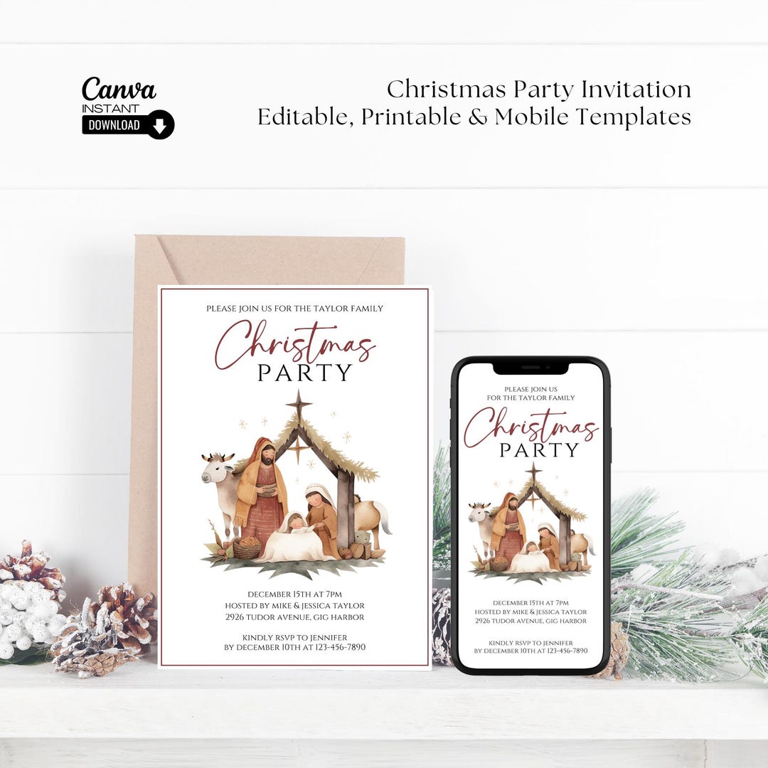 Editable Nativity Christmas Party Invitation Template (printable ...