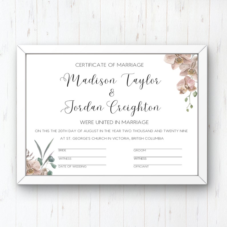 Editable Wedding Certificate Template: Botanical Accents (canva) - Etsy