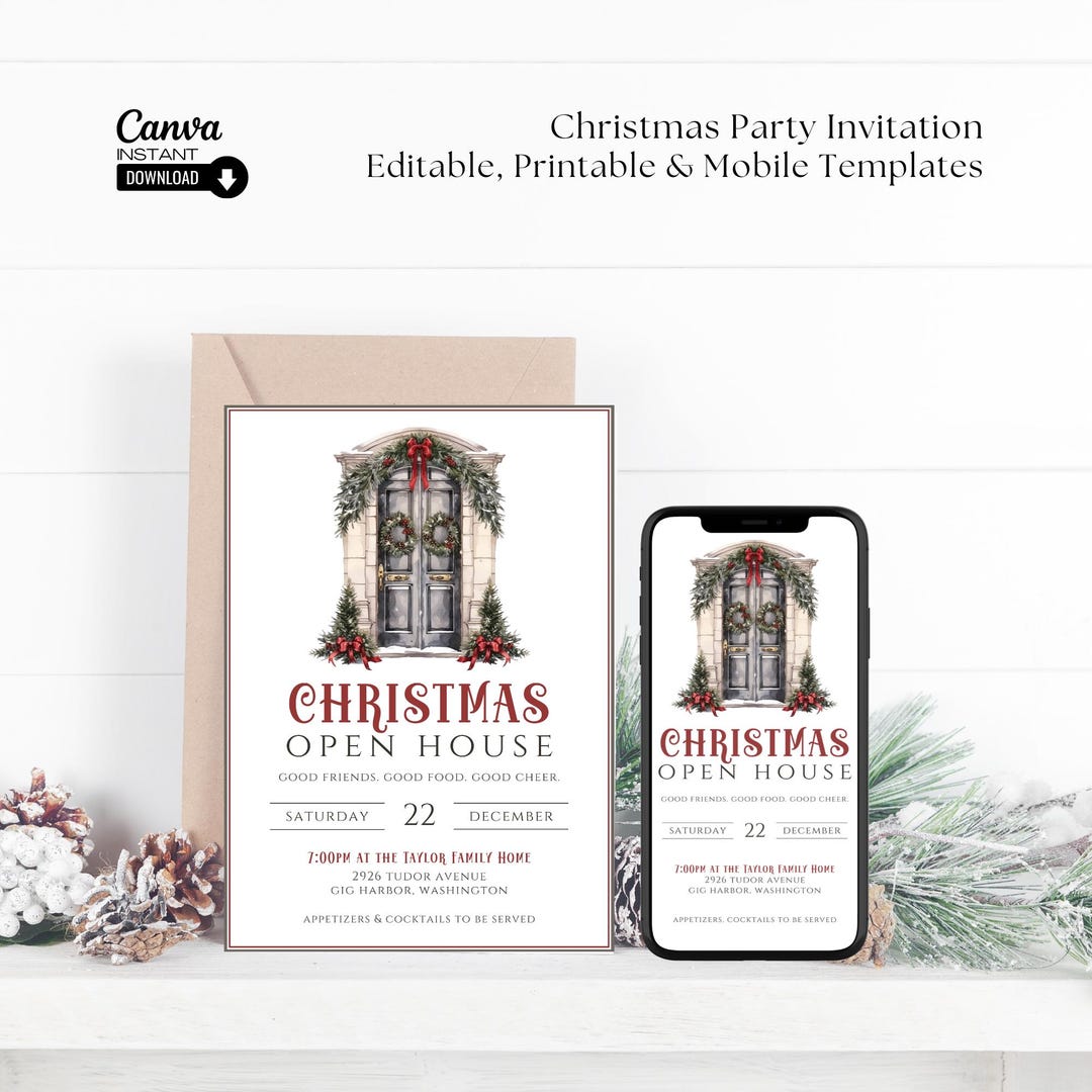 Editable Christmas Open House Invitation Template, Printable Holiday ...