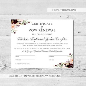 Editable Vow Renewal Certificate Template: Floral Wedding Keepsake ...