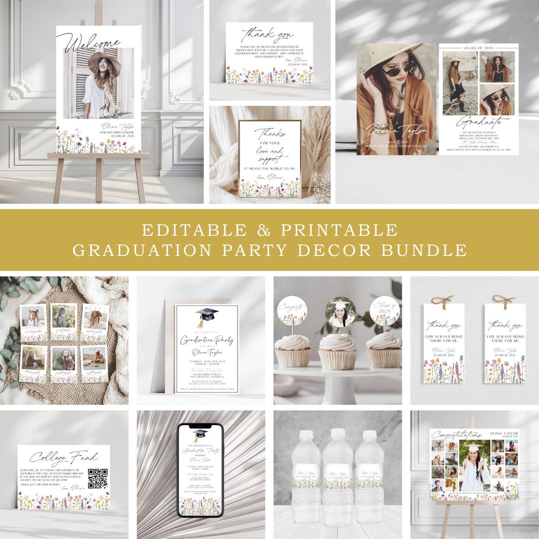 Wildflower Graduation Party Decor Bundle: Editable Invitation Template ...