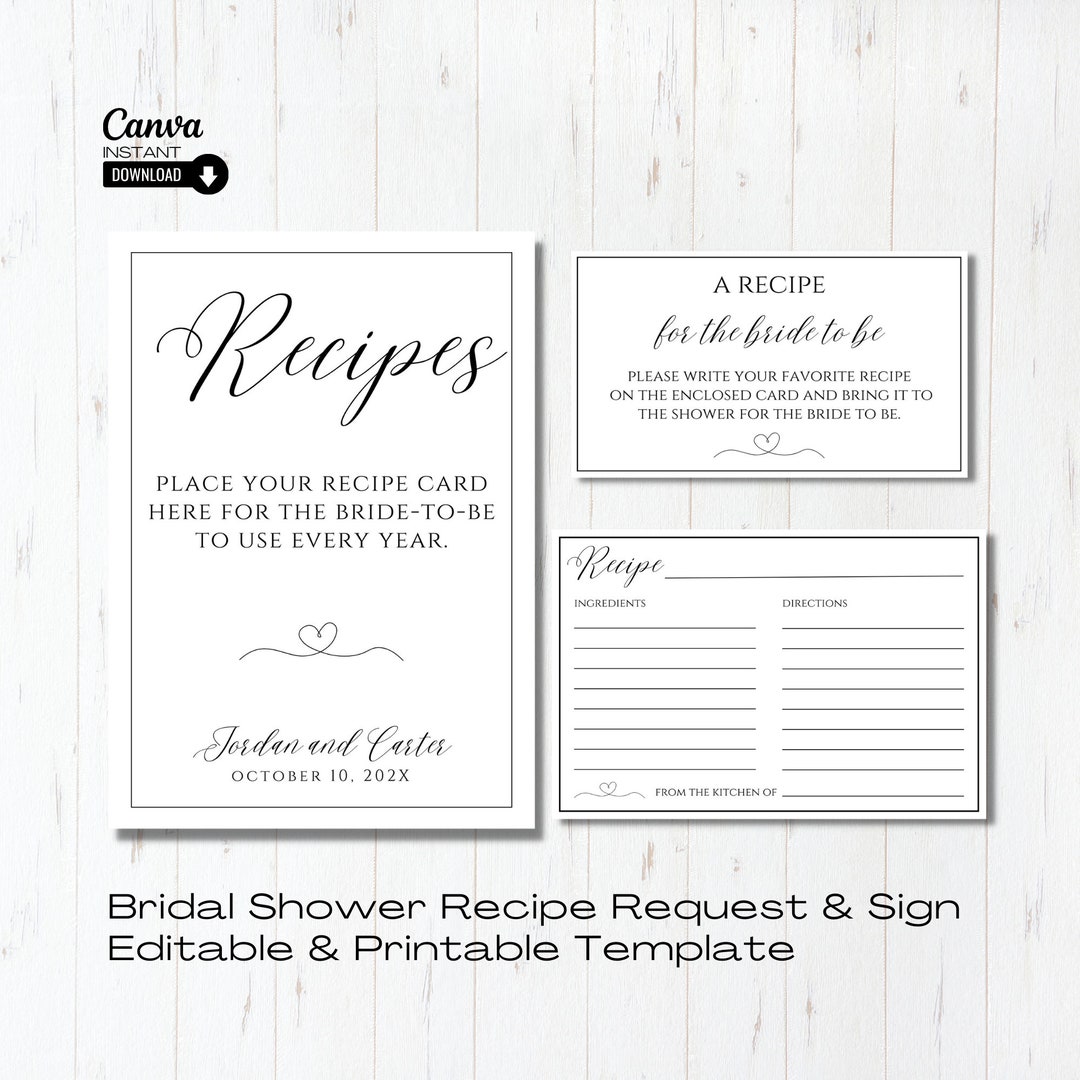 Printable Bridal Shower Recipe Card Template, Recipe Request Card ...