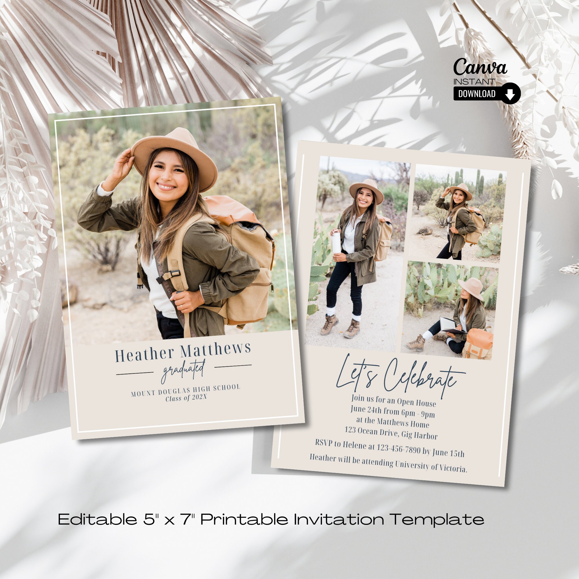 Boho Graduation Invitation Template: Modern Photo Announcement (5x7 ...