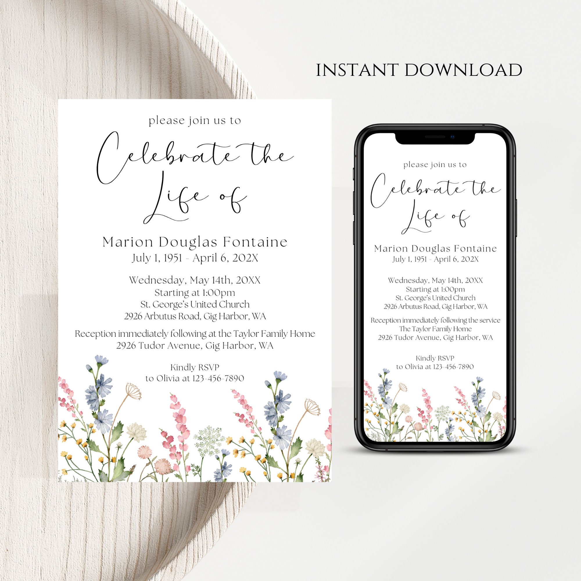 Celebration of Life Invitation, Funeral Announcement, Editable Memorial ...