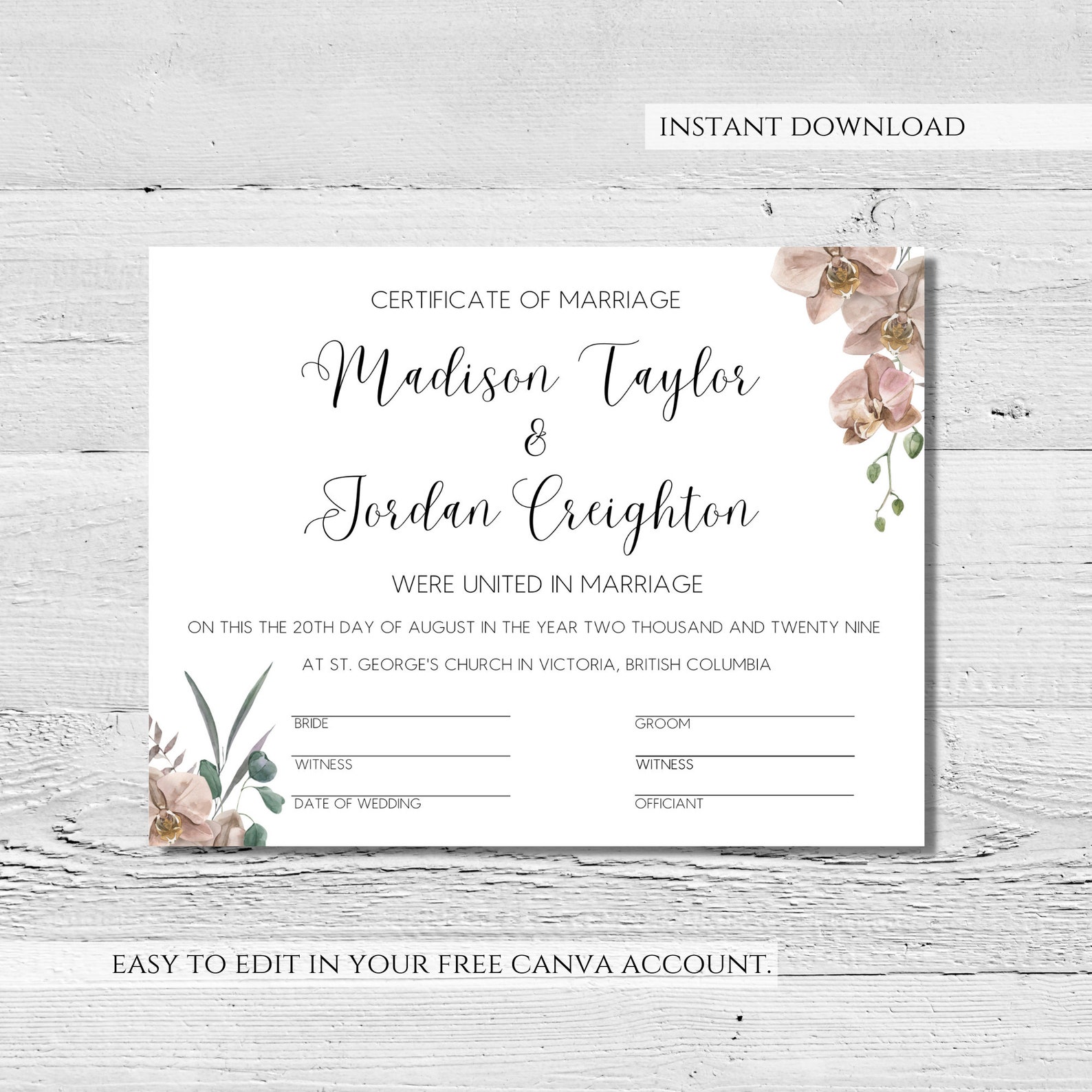 Editable Wedding Certificate Template: Botanical Accents (canva) - Etsy
