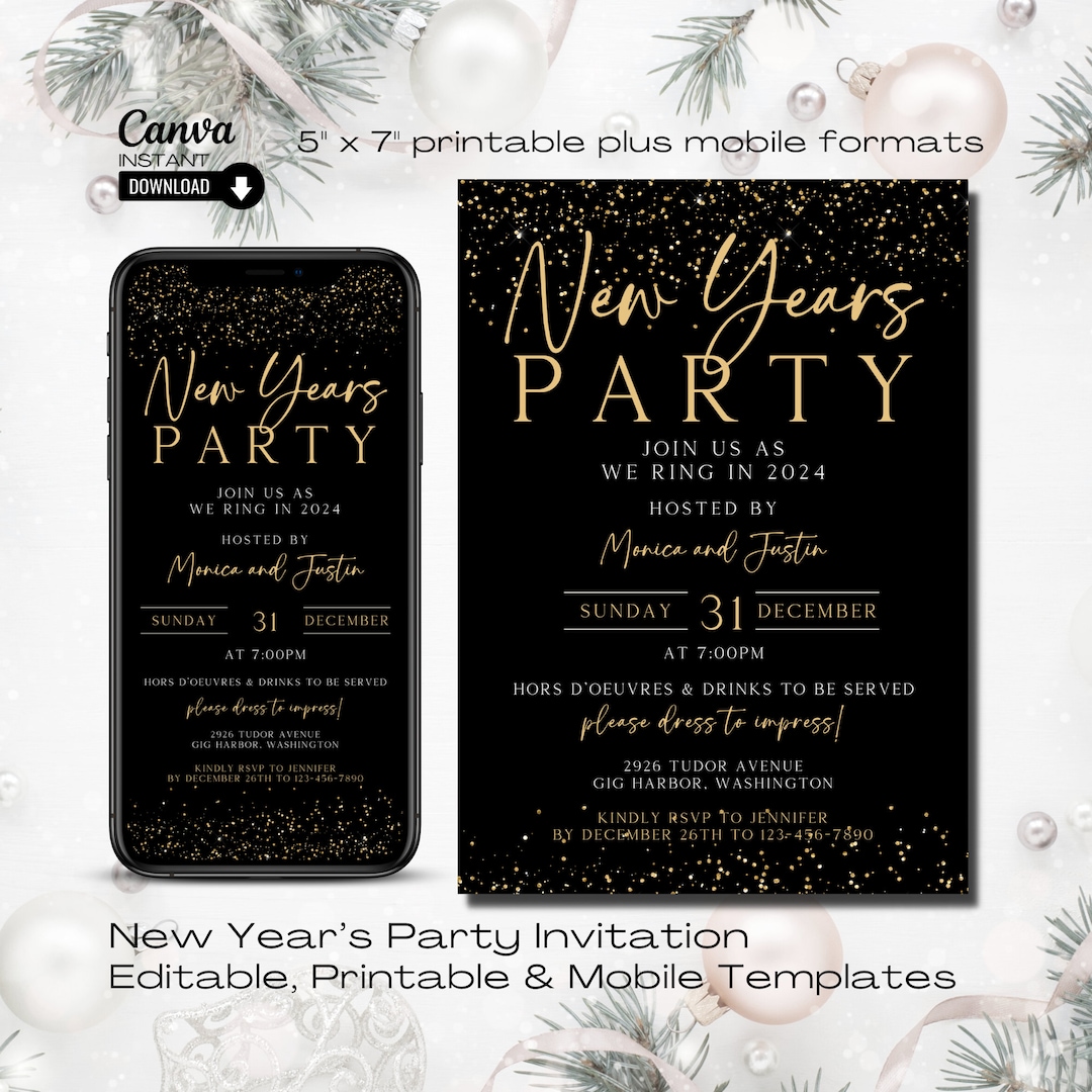 Editable New Years Eve Party Invitation Template, Printable NYE Black ...