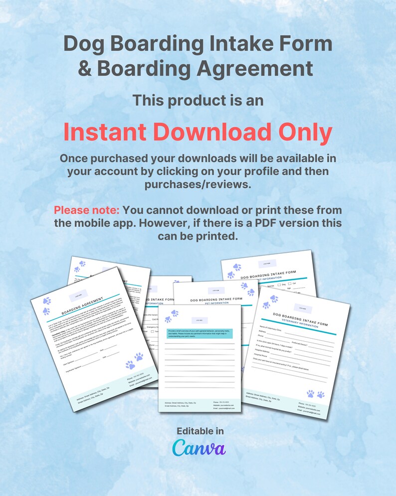Dog Boarding Contract Agreement & Intake Form, DIY Editable Printable 7 ...