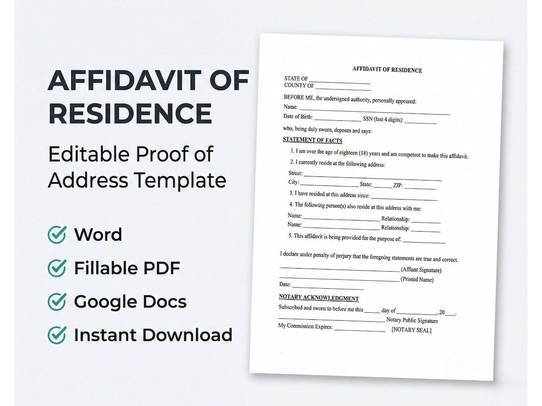 Affidavit of Residence Template | Proof of Address Form | Notarized ...