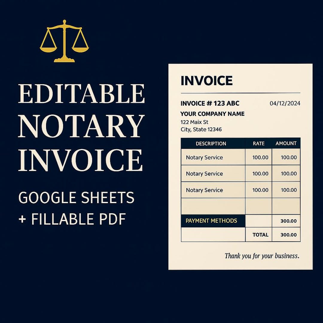 Mobile Notary Invoice Template, Smart Clean Legal Form, Editable Custom ...