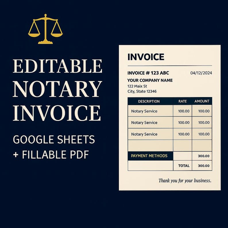 Mobile Notary Invoice Template, Smart Clean Legal Form, Editable Custom ...