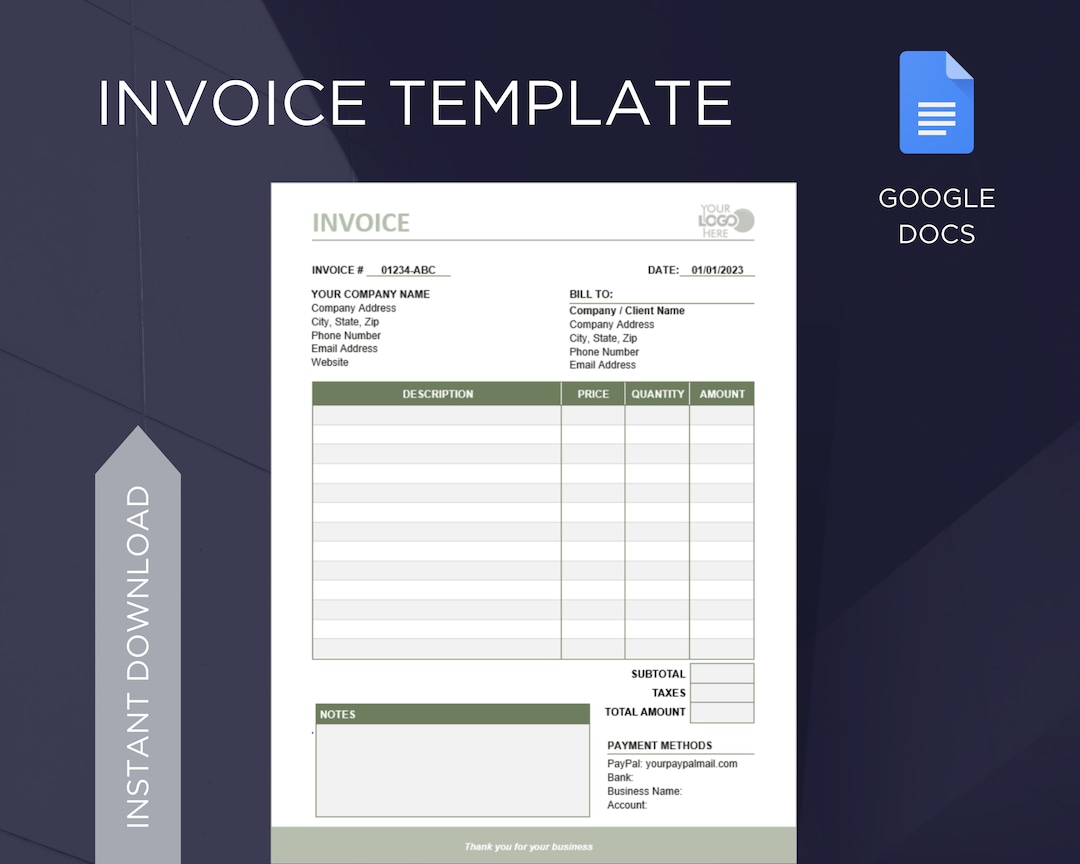 Invoice Template Google Docs Professional Business Invoice Form Editable Custom Template for ...