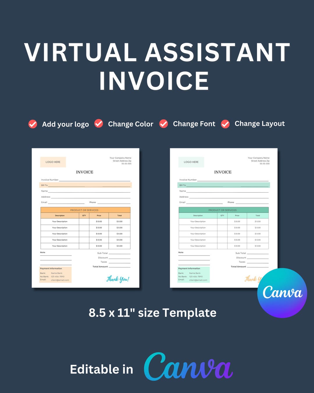 Custom Editable Virtual Assistant Invoice, Professional Canva Digital ...
