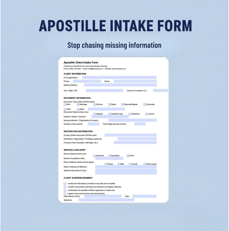 Apostille Intake Form | Fillable PDF Client Intake for Apostille ...