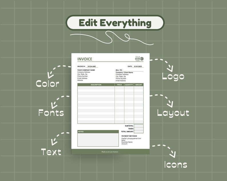 Invoice Template, Editable PDF Word Docs Google Sheets Template Bundle ...