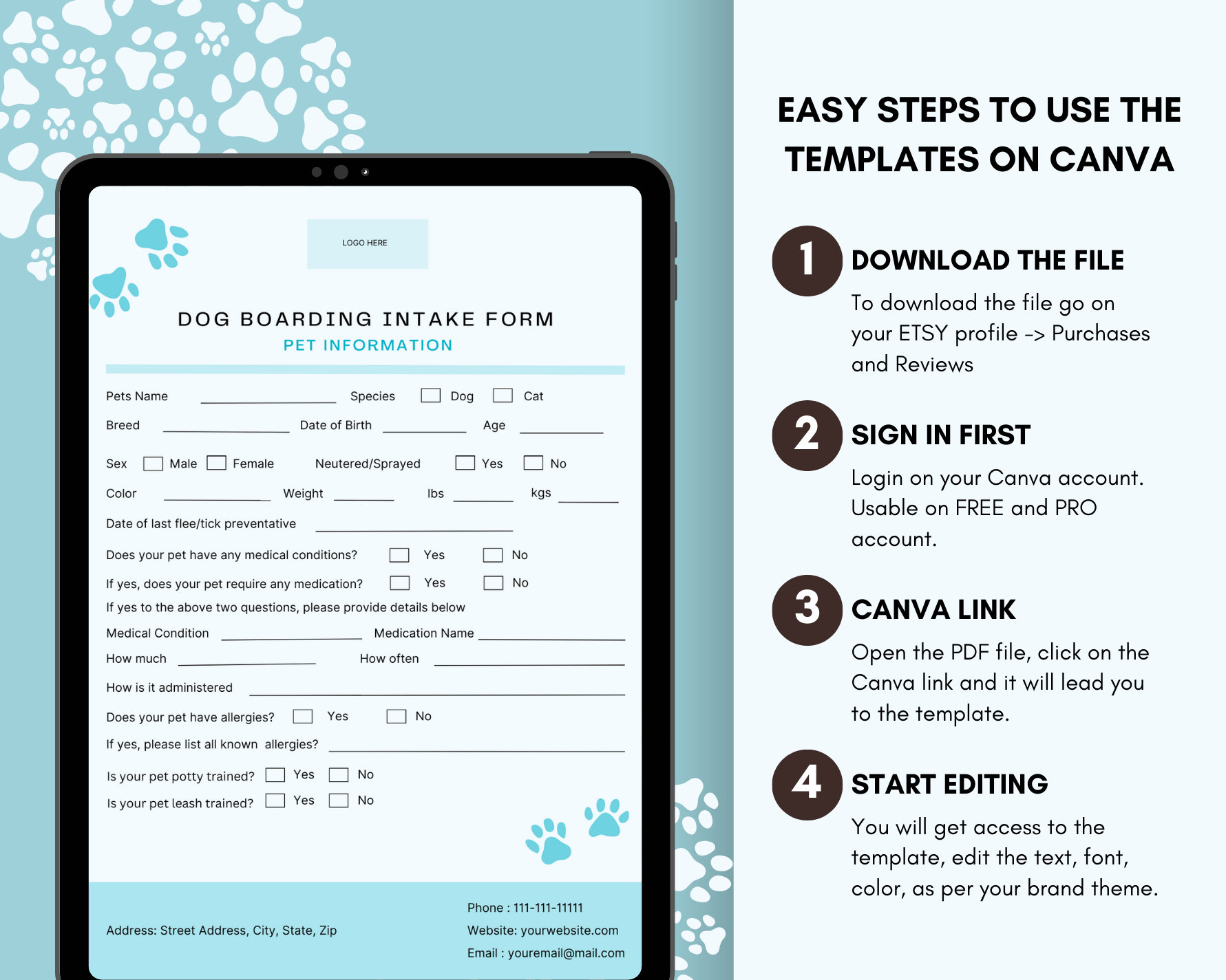 Pet Sitting Contract Editable Dog Boarding Forms Pet Sitting Forms, Dog ...