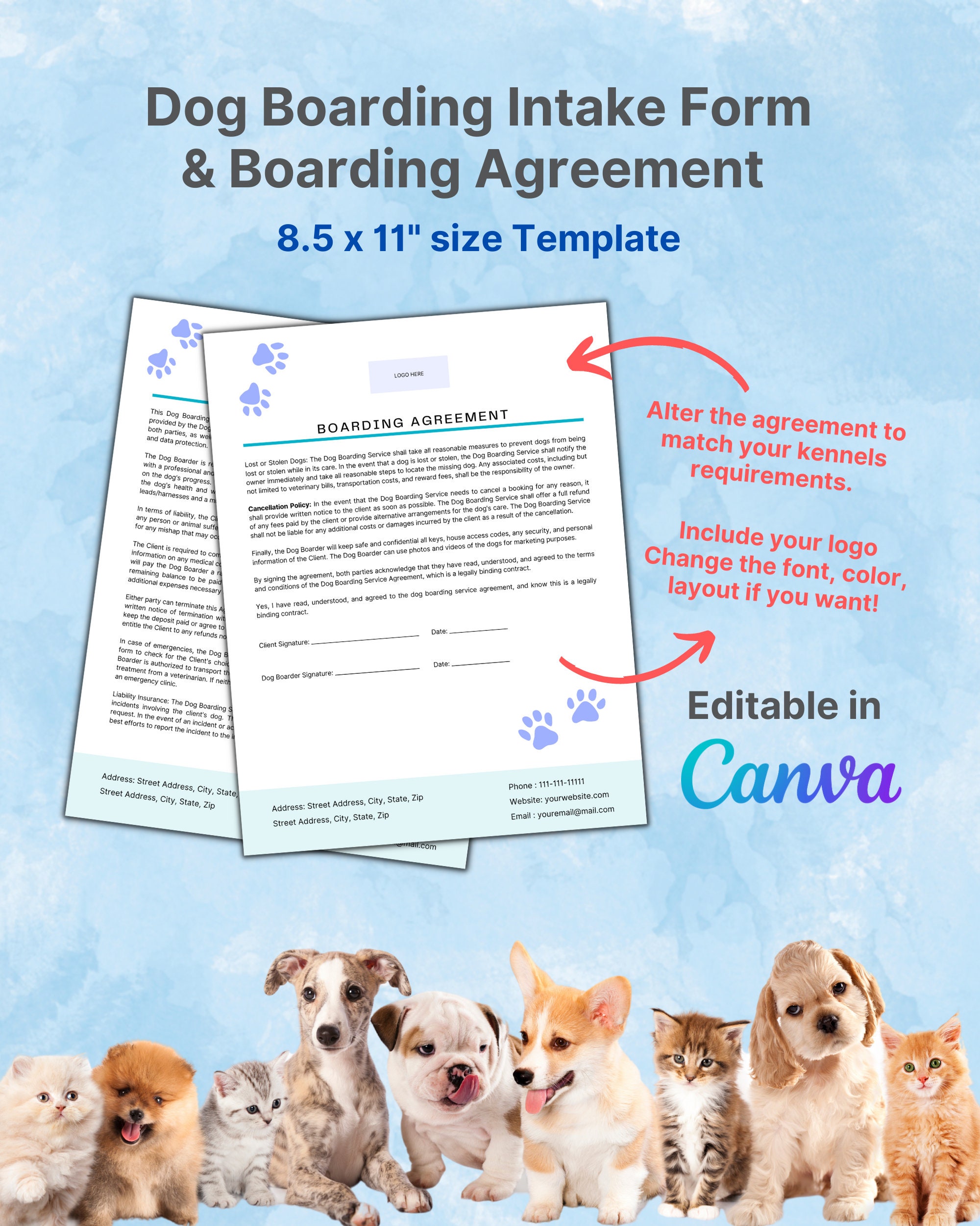Dog Boarding Contract Agreement & Intake Form, DIY Editable Printable 7 ...