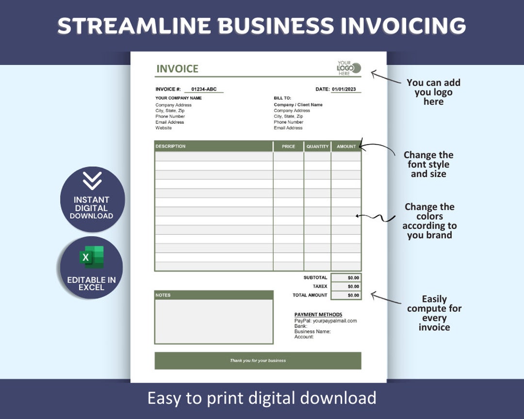 MS Excel Invoice Template, Editable Invoice, Business Invoice, Editable ...