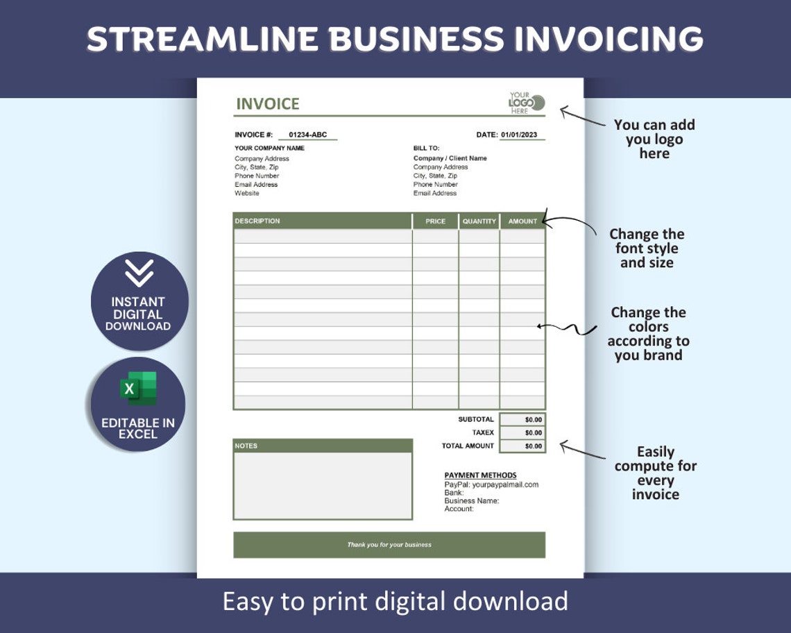 MS Excel Invoice Template, Editable Invoice, Business Invoice, Editable ...