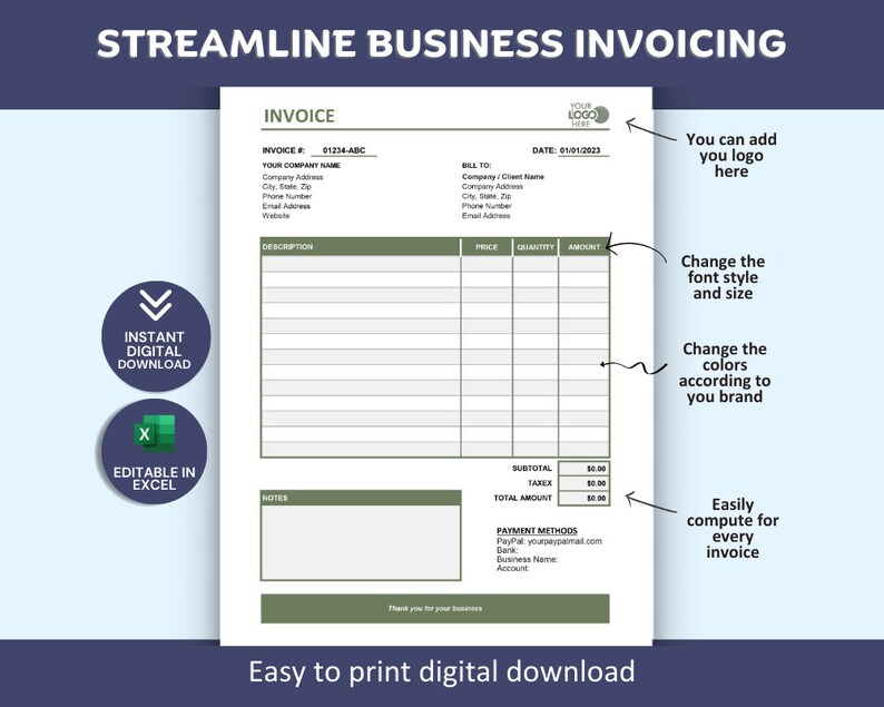 MS Excel Invoice Template, Editable Invoice, Business Invoice, Editable ...