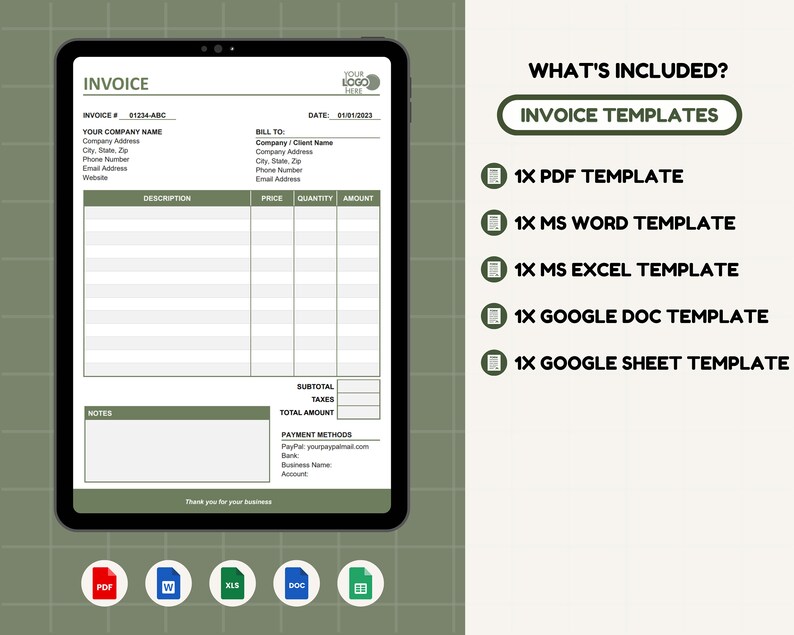 Invoice Template, Editable PDF Word Docs Google Sheets Template Bundle ...