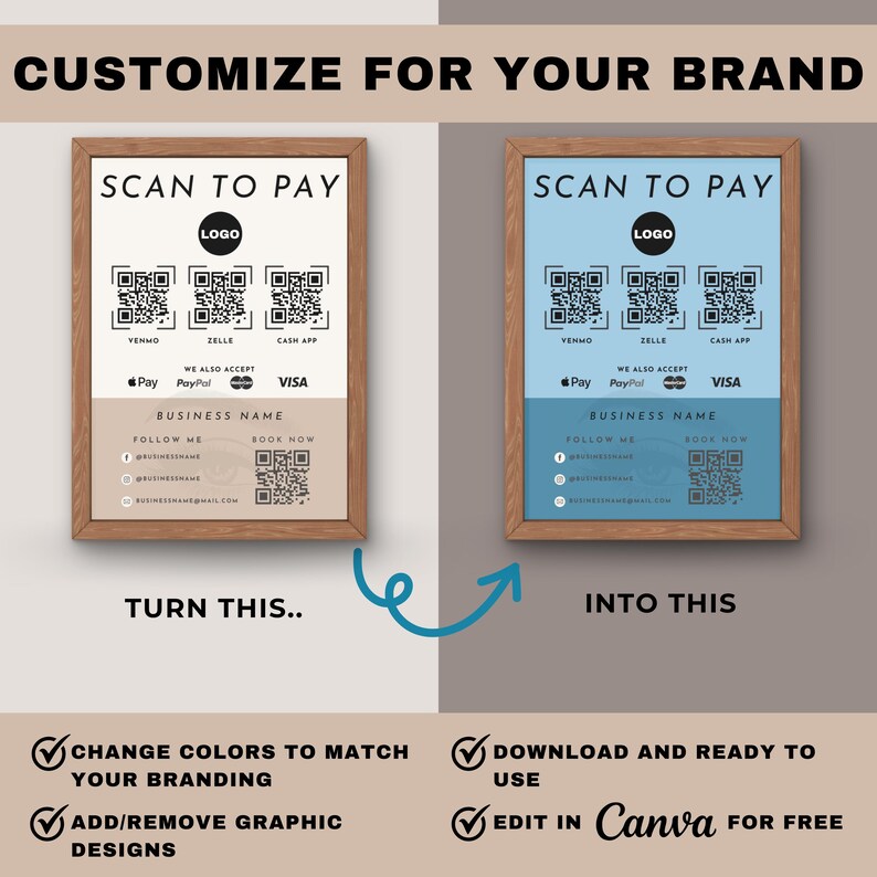 Scan to Pay Template Editable Canva Template QR Code Sign Cashapp Paypal Venmo Zelle Payment ...