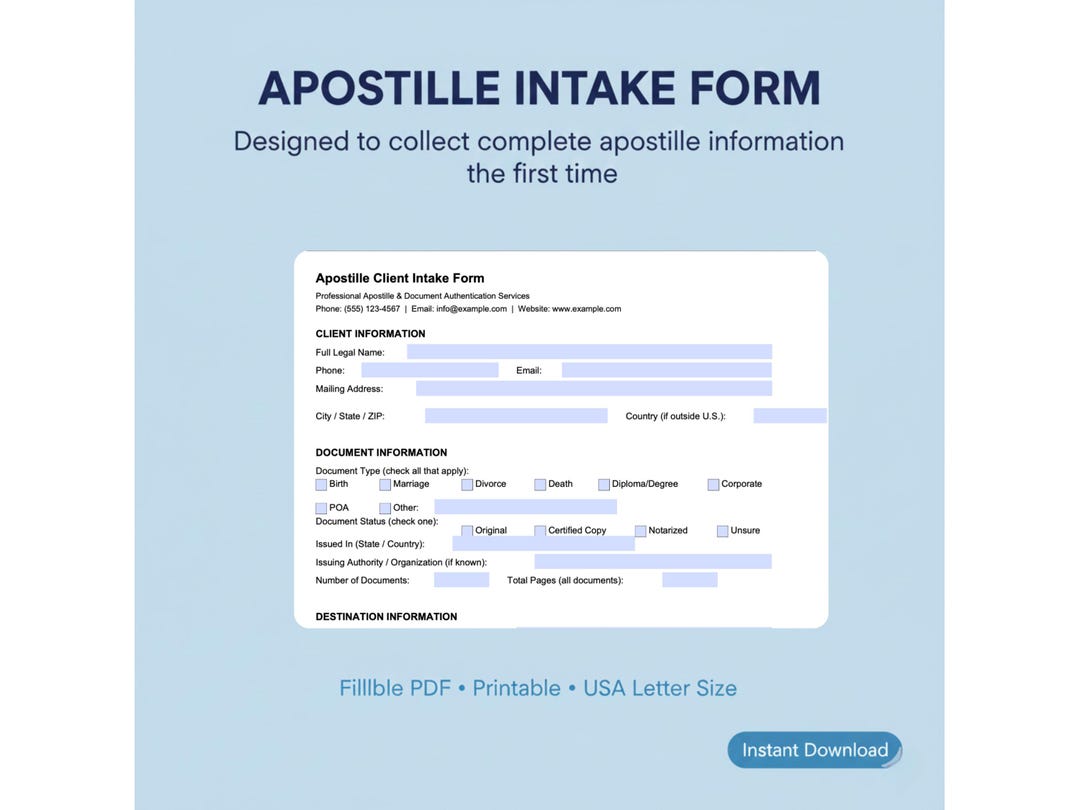 Apostille Intake Form | Fillable PDF Client Intake for Apostille ...