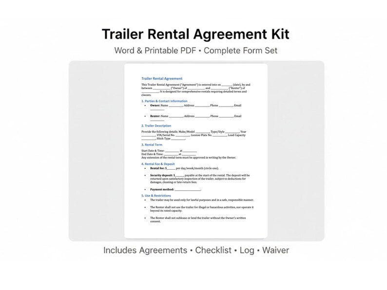 Trailer Rental Agreement Template Kit | Utility, Cargo, Dump Trailer ...
