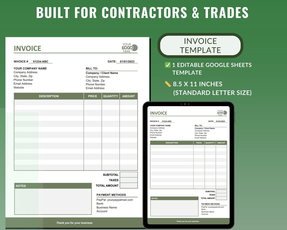 Construction Invoice & Estimate Template, Editable Contractor Billing ...