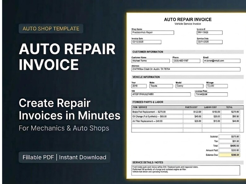 Auto Repair Invoice Template – Auto Shop Service Invoice & Automotive ...
