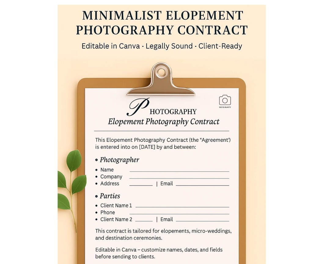 Elopement Photography Contract Template | Canva Client Agreement for Micro-weddings & Intimate ...