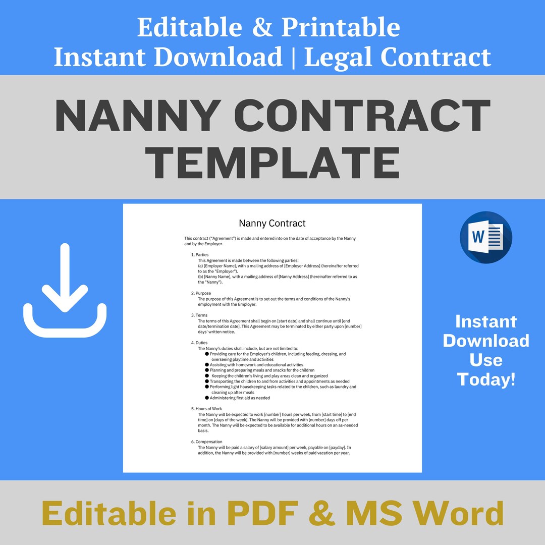 Editable Nanny Contract Template | Printable Babysitter Agreement ...