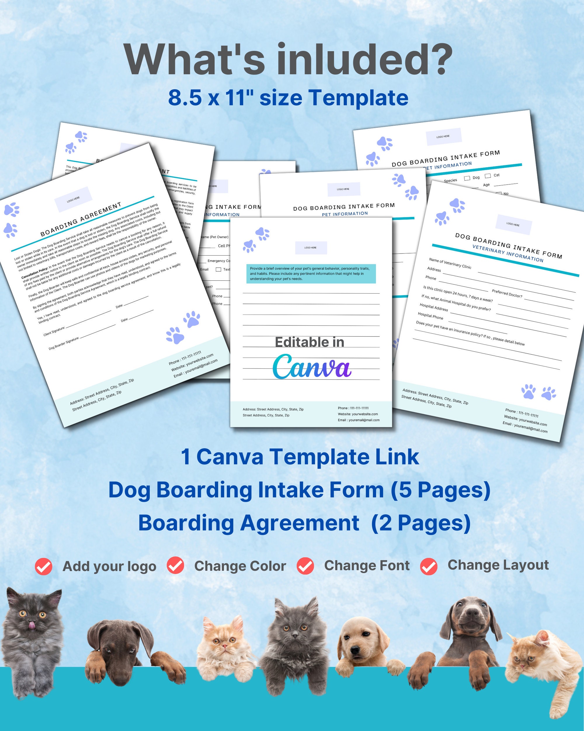 Dog Boarding Contract Agreement & Intake Form, DIY Editable Printable 7 ...