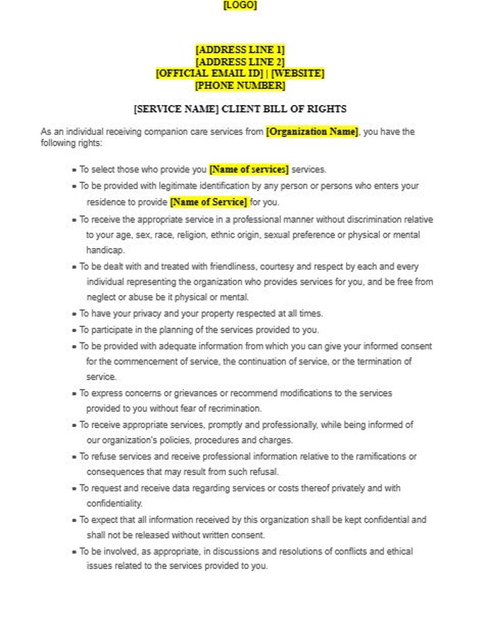 Clients Bill of Rights, Non-medical Home Care Business Template, Agency ...