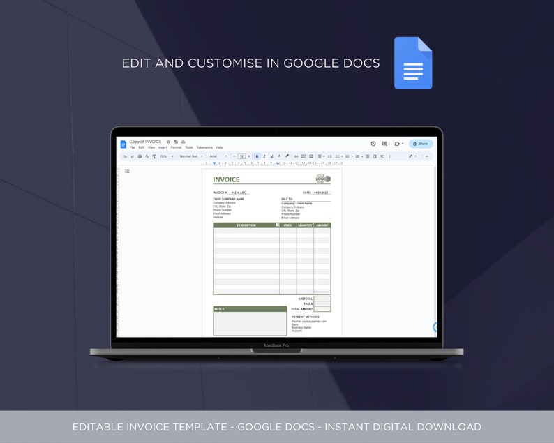 Invoice Template Google Docs Professional Business Invoice Form Editable Custom Template for ...