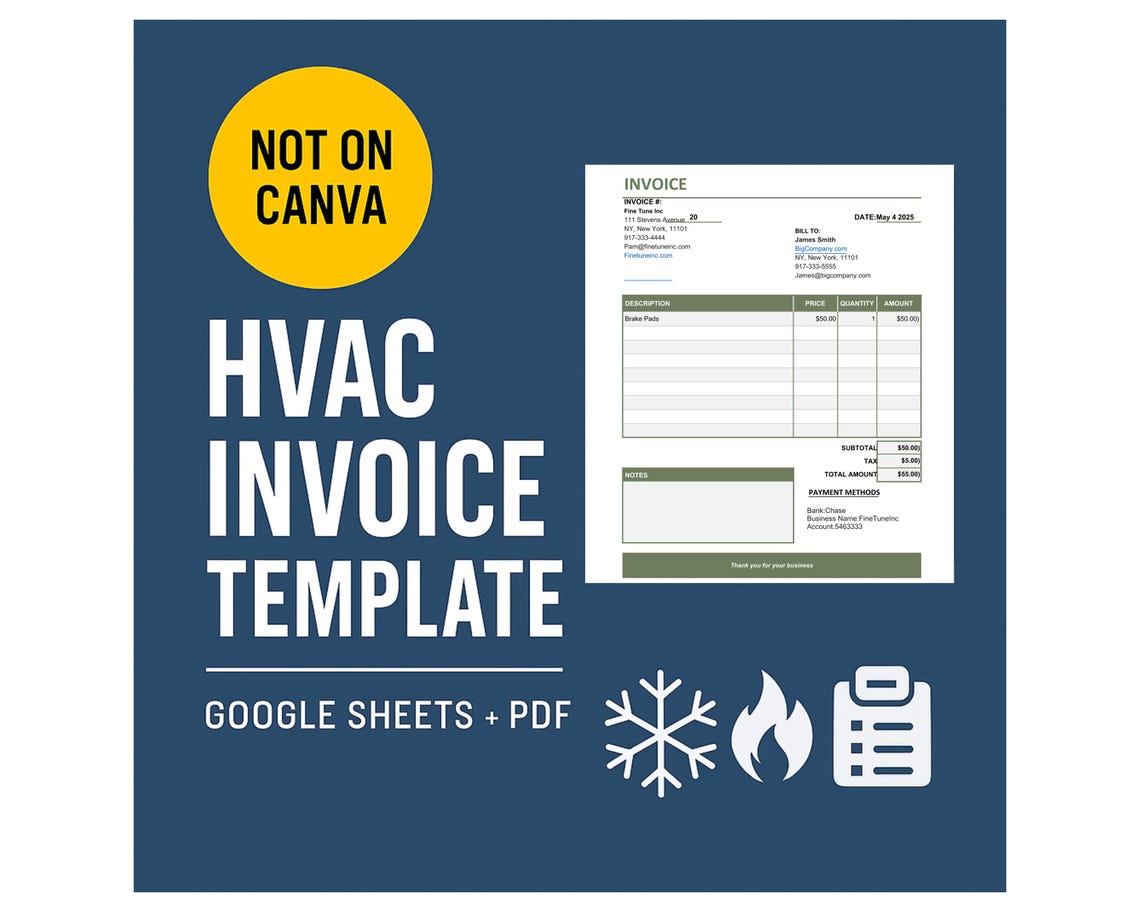 Editable HVAC Invoice Template, Google Sheets + PDF, Heating & Cooling ...