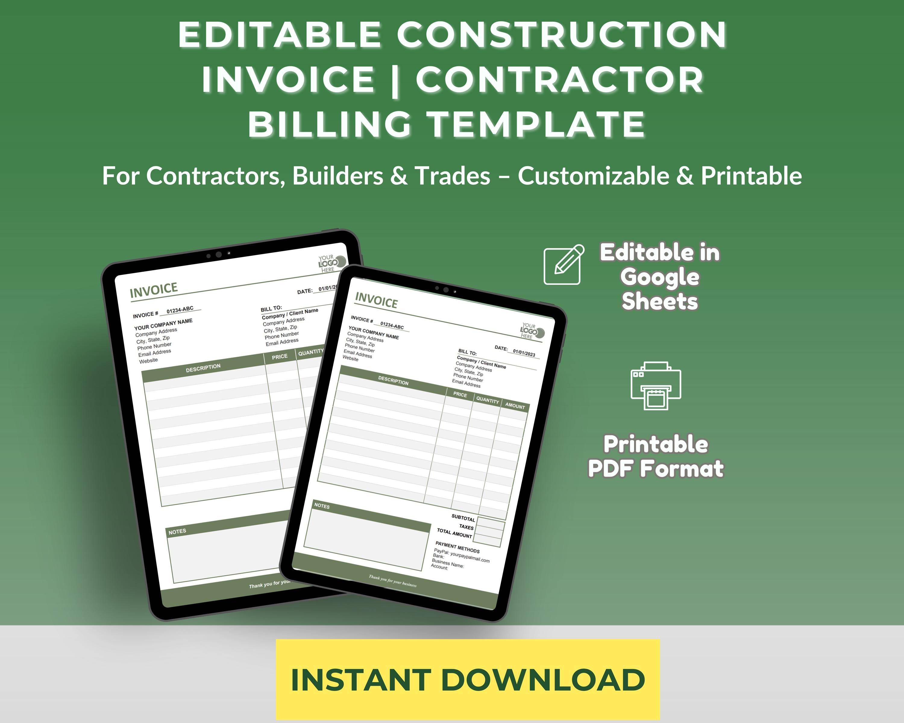 Construction Invoice & Estimate Template, Editable Contractor Billing ...