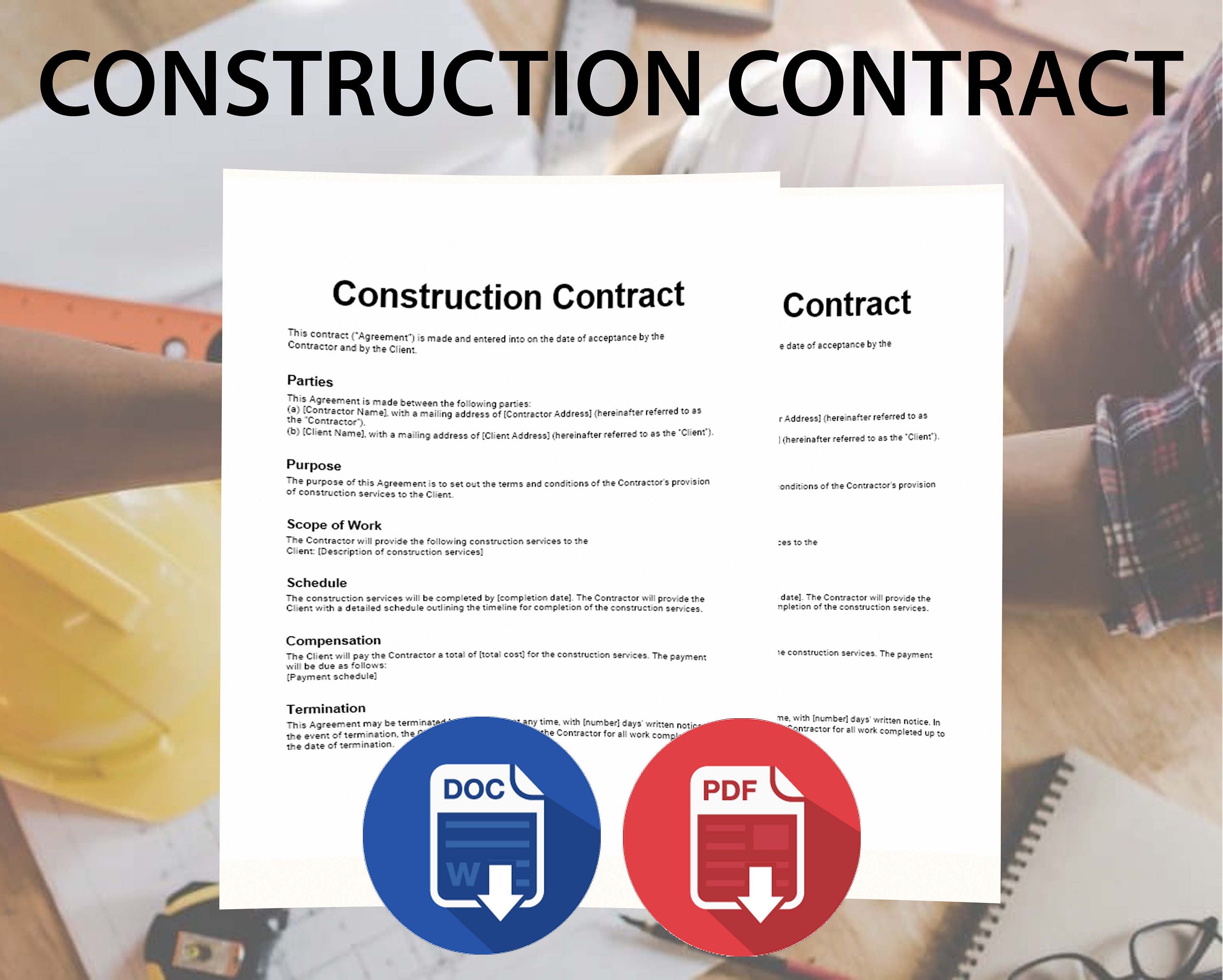 Construction Contract Template, Contractor Service Templates, Editable ...