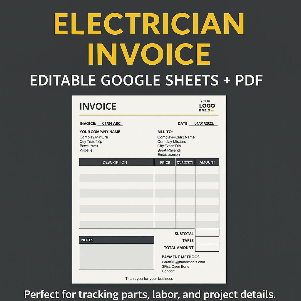 Editable Electric Service Form, Custom Electrician Invoice Sheet ...